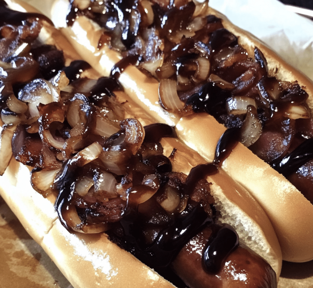 Winter BBQ Bacon Dogs with Bourbon-Glazed Onions - Clara quick dinners